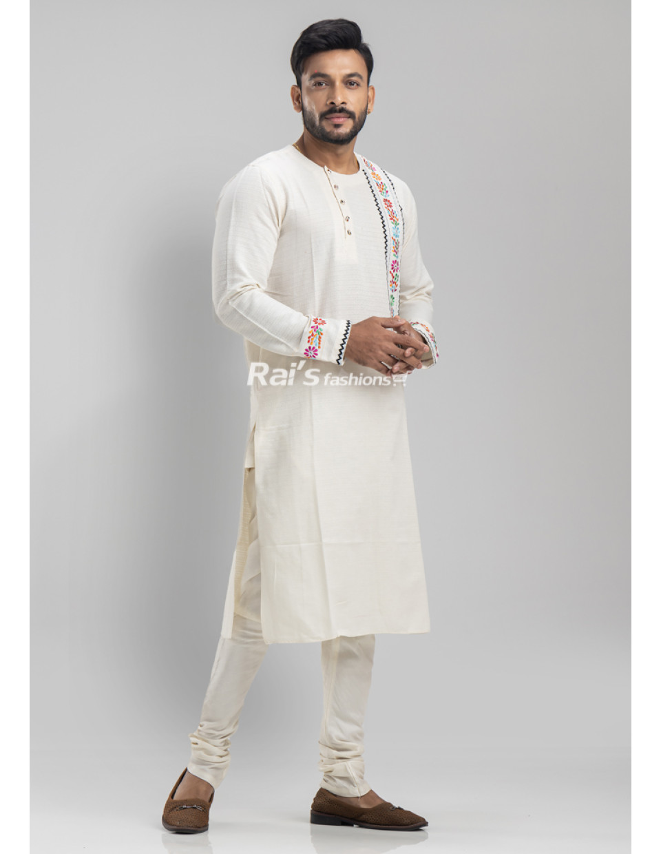 Cotton Self Weaving Long Panjabi With Embroidery Work