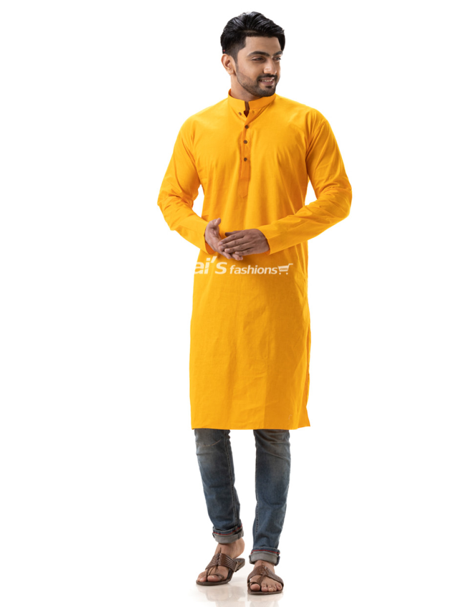 Men's Cotton Straight Plain Yellow Punjabi