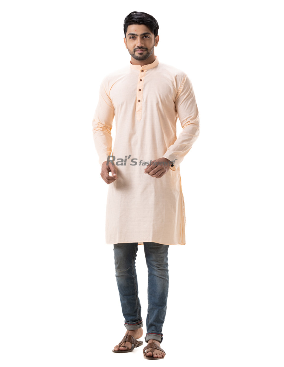 Men's Cotton Straight Plain Peach Color Punjabi