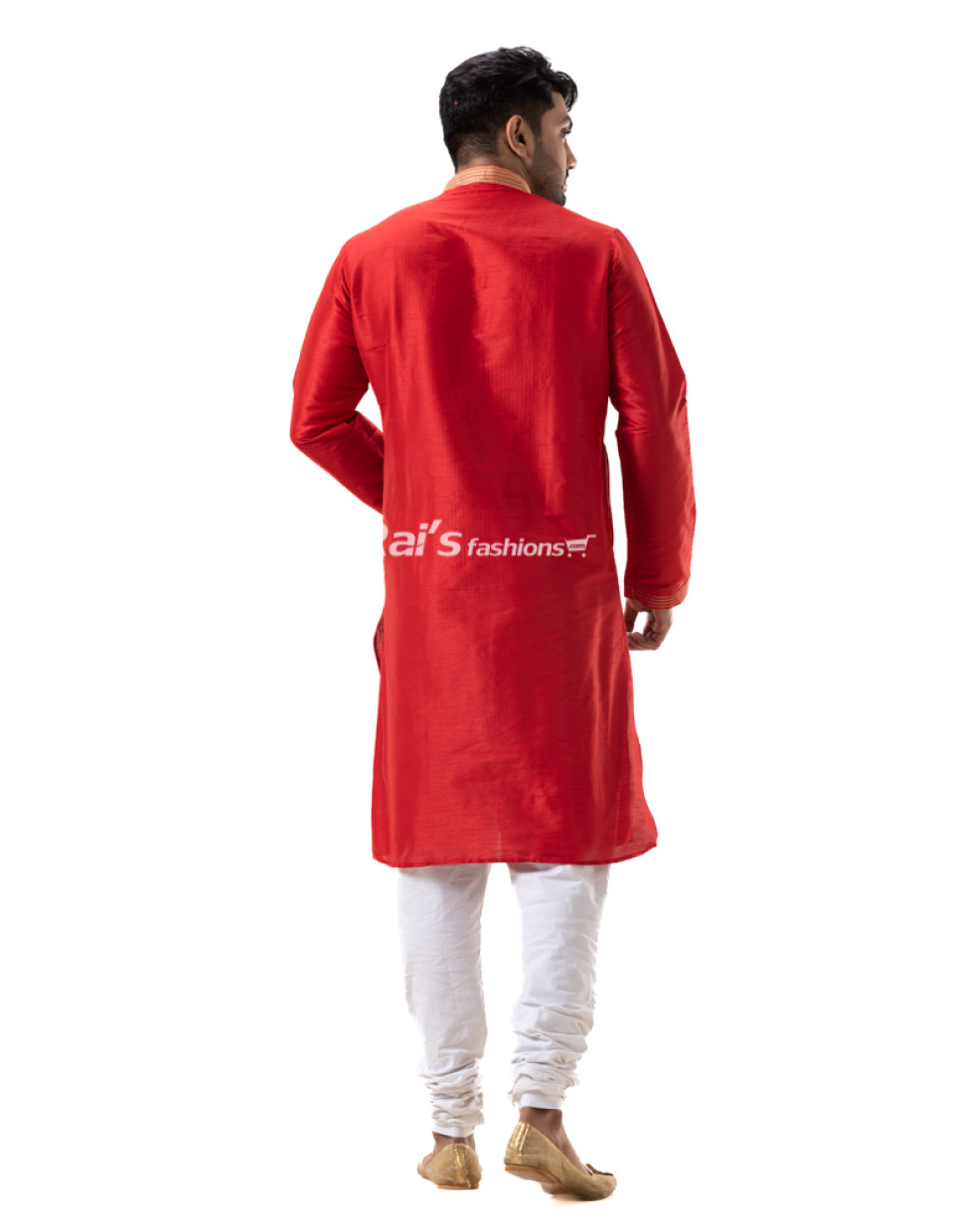Red Color Silk Punjabi With Contrast Color Border Neck Design Punjabi