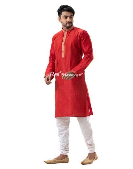 Red Color Silk Punjabi With Contrast Color Border Neck Design Punjabi