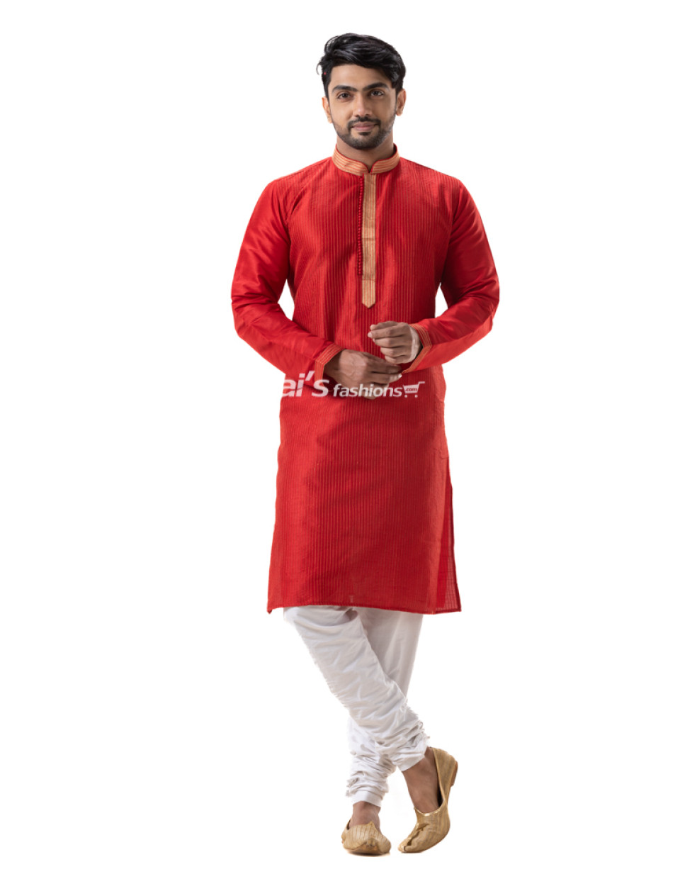 Red Color Silk Punjabi With Contrast Color Border Neck Design Punjabi