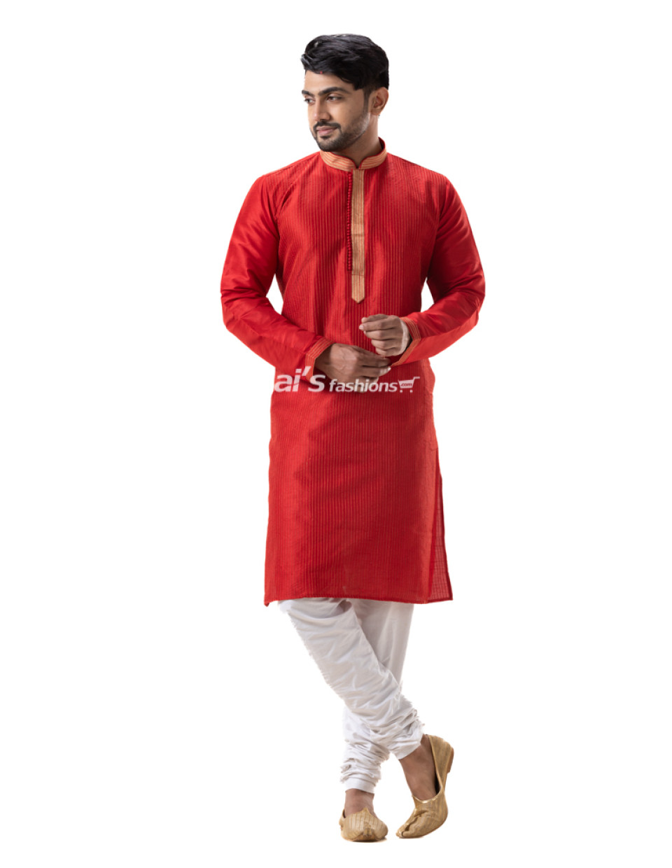 Red Color Silk Punjabi With Contrast Color Border Neck Design Punjabi